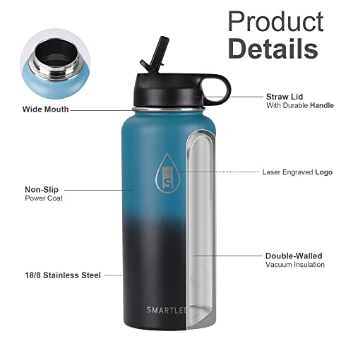 Smartlee Insulated Water Bottle with Straw & Spout Lid - 32oz Leak-Proof Vacuum Insulated Water Bottle with Strainer Thermos Sports Water Bottle (Green-Black Gradient)