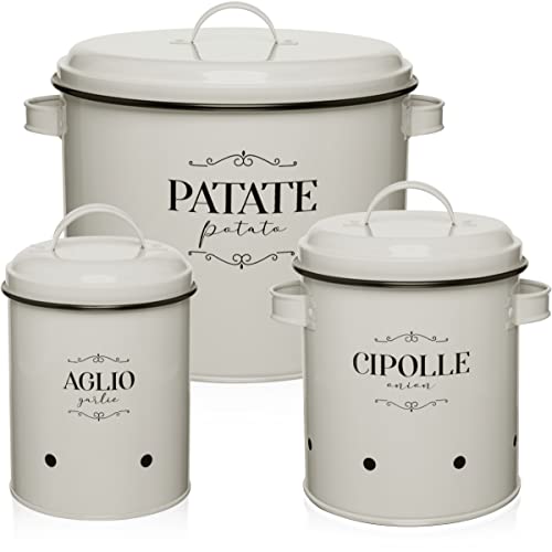 Potato, Onion and Garlic Storage Canisters Set Of 3- for Kitchen/pantry. Organizer and storage Bins for Fresh Produce-ventilated Bins Keeps Vegetables Fresh- Vintage Off White Modern Farmhouse Decor Containers with Lids