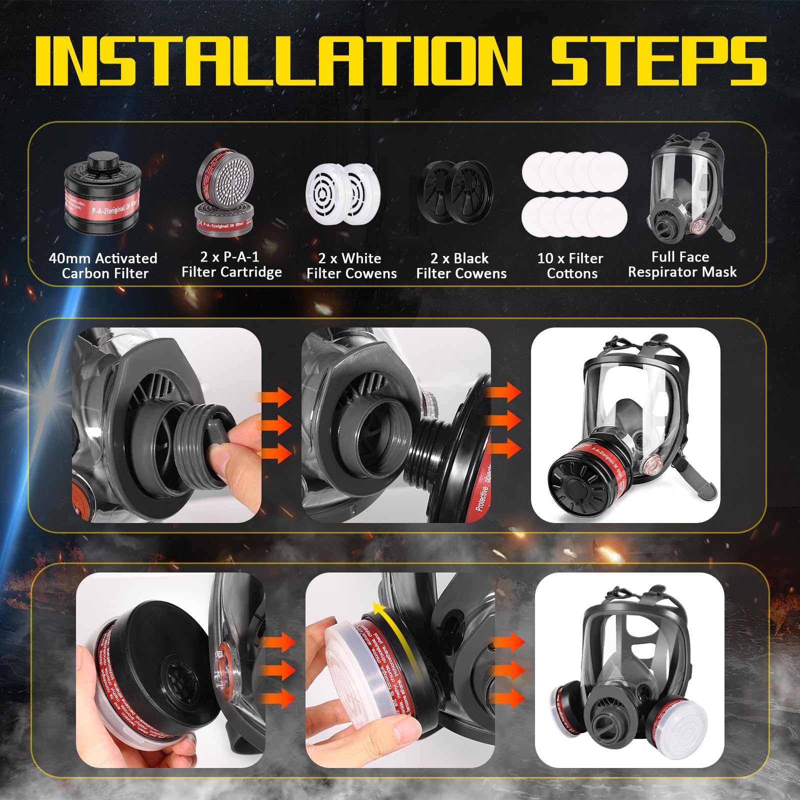 VITIJY Full Face Gas Mask - Gas Masks Survival Nuclear and Chemical, Reusable Respirator Mask (6800+40mm & P-A-1)