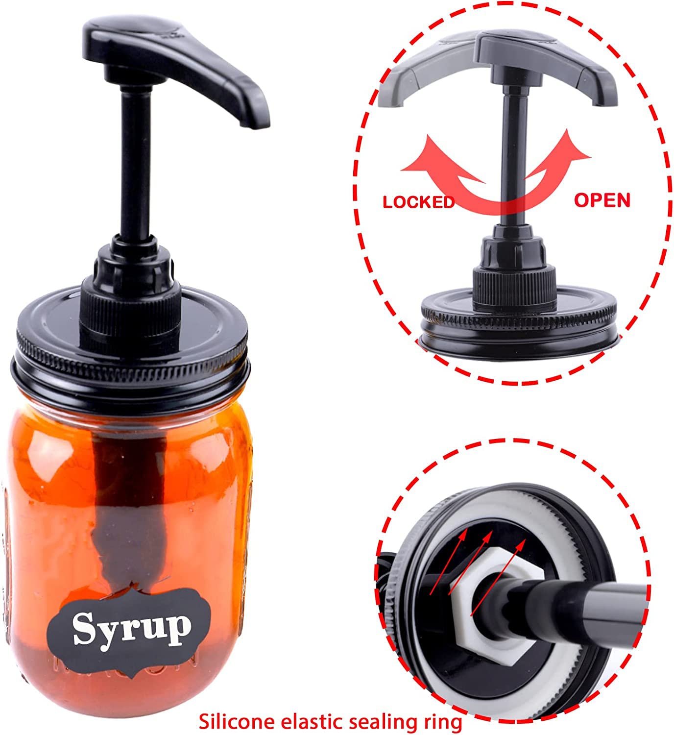Mason Jar Syrup & Sauce Honey Dispenser Pump Lids for Regular Mouth (2 Pack), Airtight & Leak-Proof Kitchen Food Grade Coffee Syrup Dispenser Pump (Jar Not Included)
