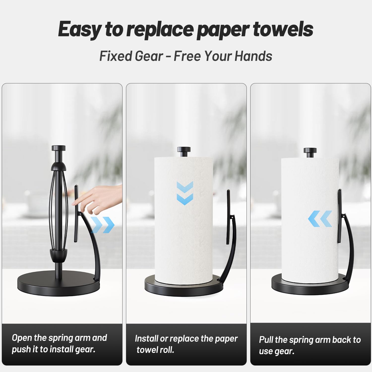VEHHE Paper Towel Holder Countertop, Black Paper Towel Holder with Spring Activated Arm and Silent Damping Effect, Simply Tear Paper Towel Stand for Bathroom and Kitchen (Black)