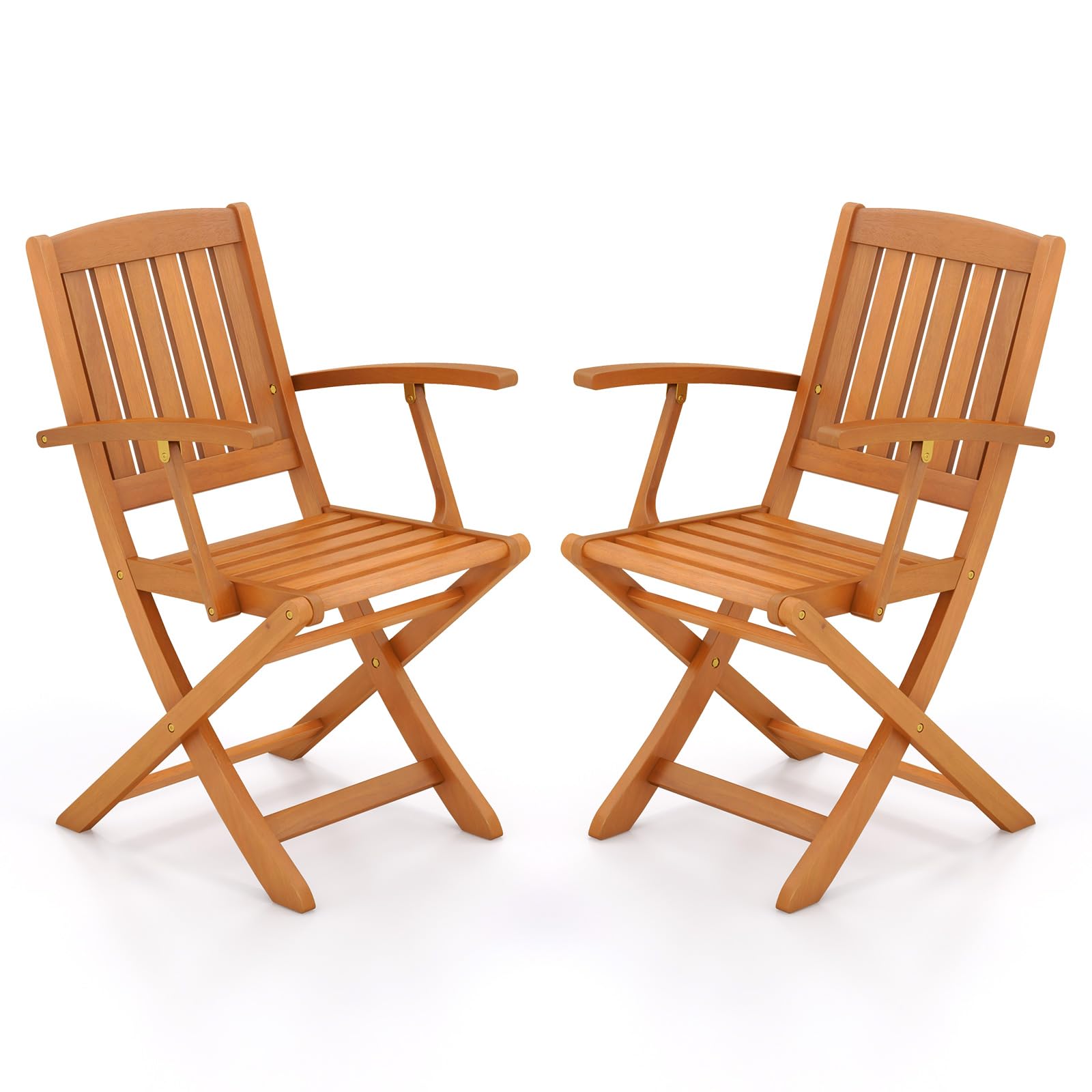 Tangkula Patio Wood Folding Chair Set of 2, Outdoor Eucalyptus Wood Dining Chairs w/Armrests & Slatted Seat, for Backyard, Porch, Poolside, Lawn, Garden, Load up to 400 LBS (1, Natural)