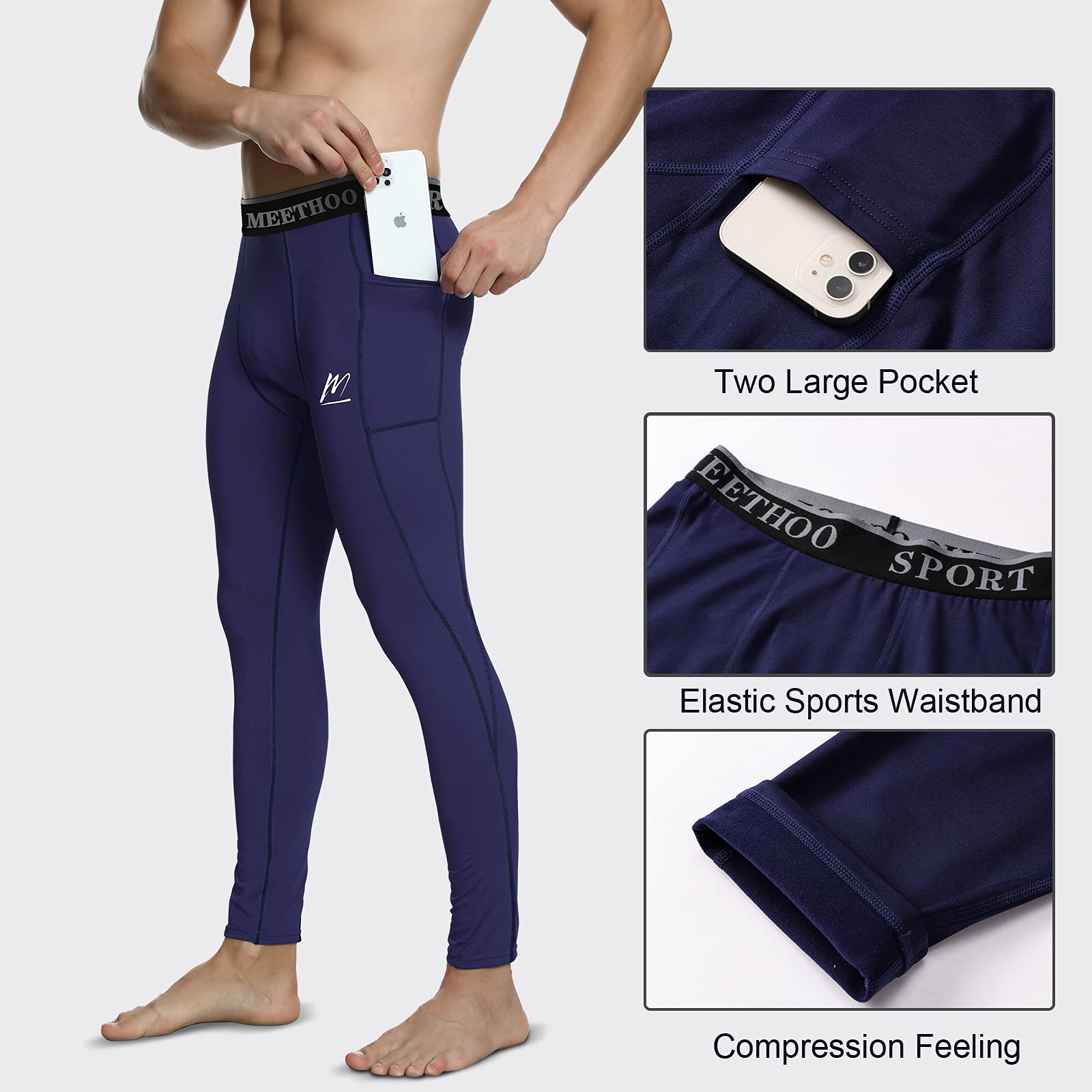 MEETWEE Thermal Pants for Men, Winter Ski Base Layer Long Johns Compression Tights Cold Weather Leggings for Heat Retention Black Blue Large