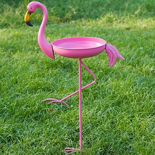 SMQLJXC 41 in Tall Flamingo Outdoor Bird Bath, Metal Bird Bath Bowl, Bird Feeder or Drinker Plate with Metal Stake, Home Garden Lawn Yard Decorations (Pink)