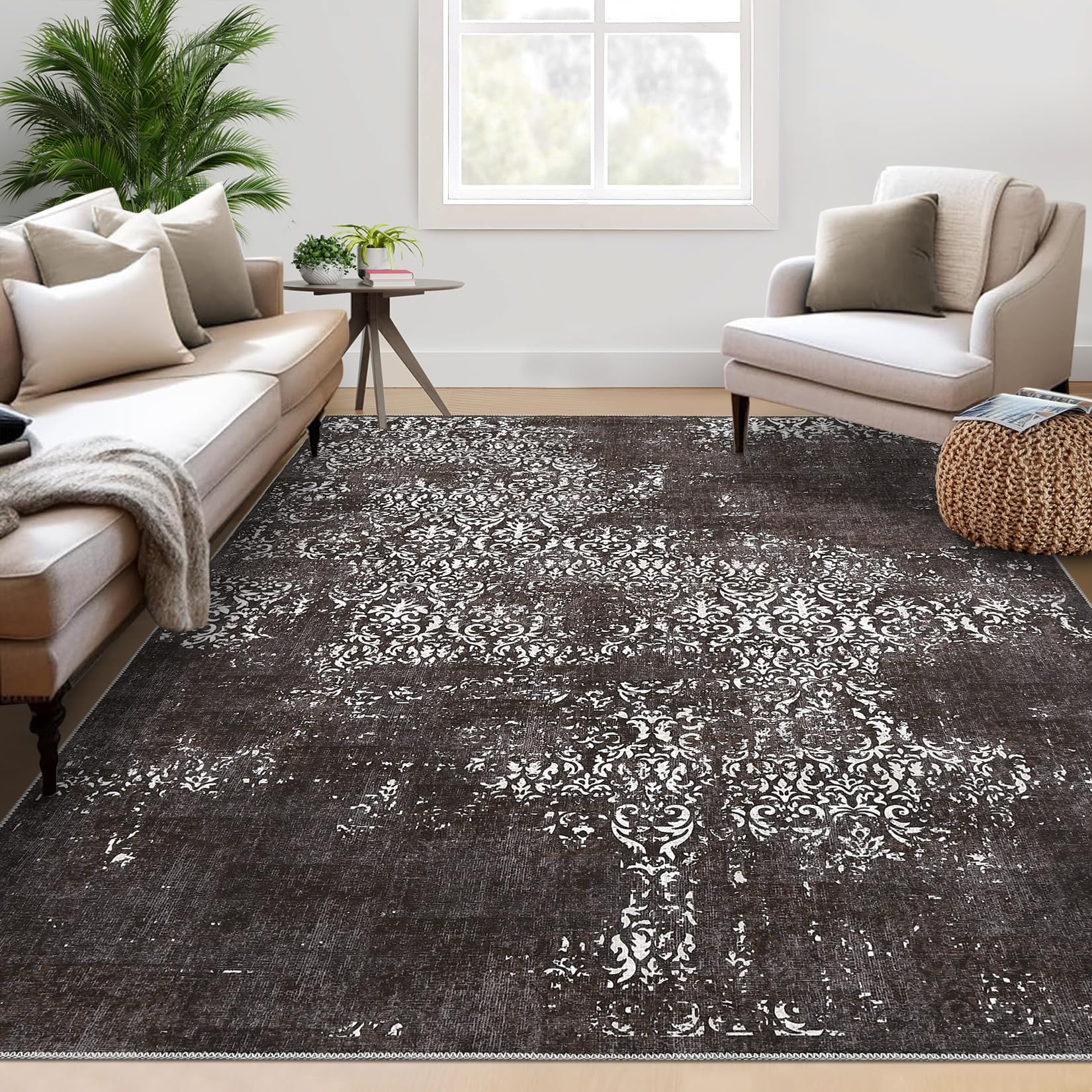 ROYHOME Vintage Distressed Area Rug Bedroom Rug 4x6 Boho Accent Floor Cover Carpet Non-Slip Stain Resistant Modern Area Rug Washable Paisley Area Rug for Living Room Nursery Home Office Decor, Brown