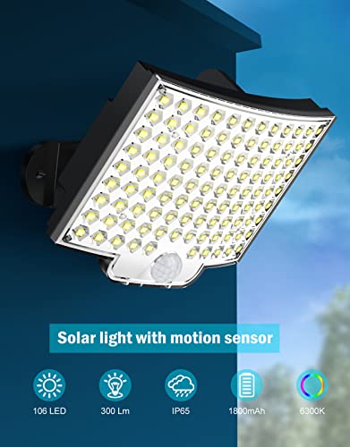 MPJ Solar Light for Outdoor, 106 LED Solar Light Outdoor with Motion Sensor, IP65 Waterproof, 120° Lighting Angle, Solar Wall Light for Garden with 16.5 ft Cable