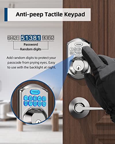 TEEHO Fingerprint Door Lock with 2 Lever Handles, Keyless Entry Door Lock with Handle, Electronic Keypad Deadbolt Front Door Lock Set with Auto Lock and 1 Touch Locking, Satin Nickel