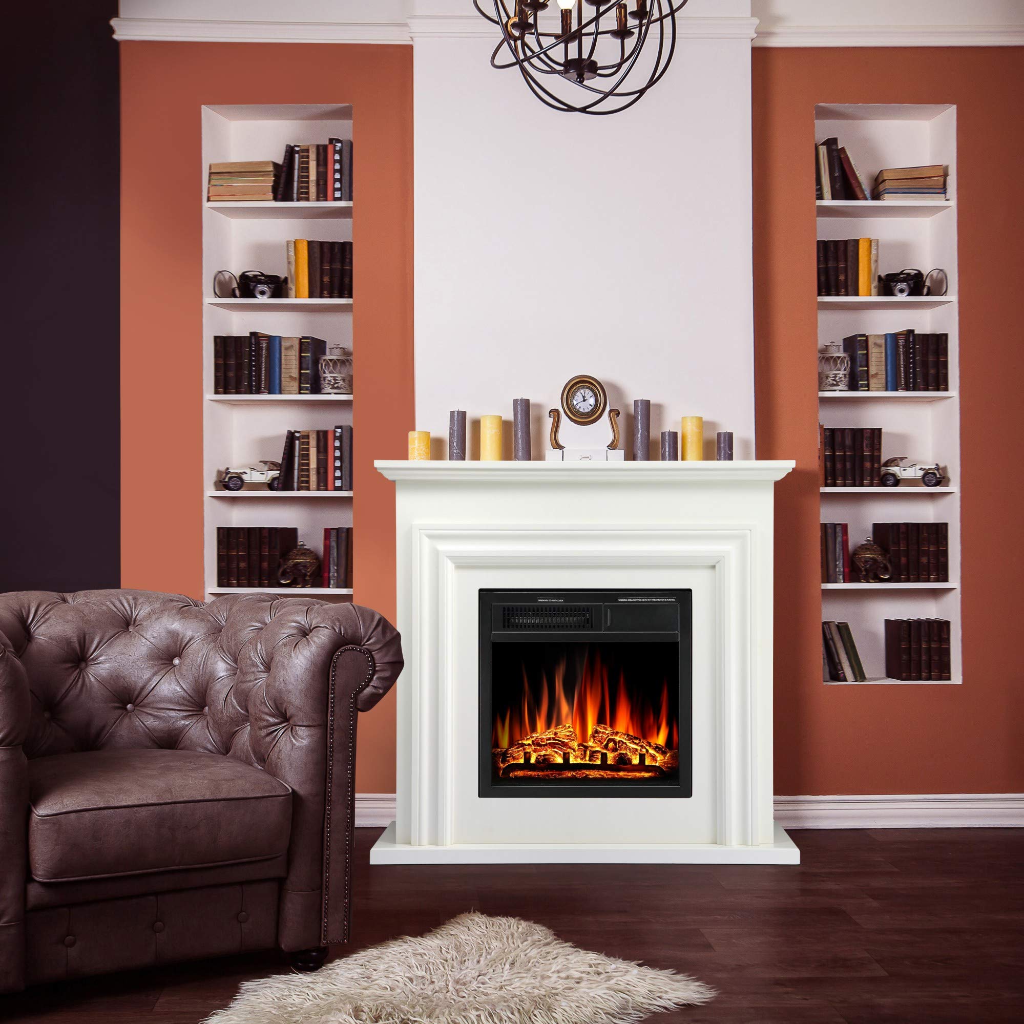 Joy Pebble 36'' Wood Electric Fireplace Mantel Package Freestanding Heater Corner Firebox with Log Hearth and Remote Control,750-1500W (Ivory White)
