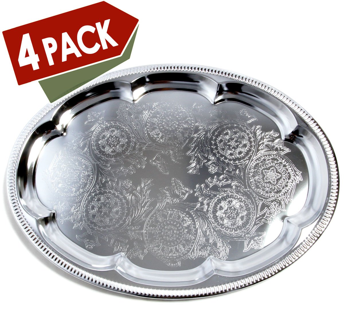 Maro Megastore (Pack of 4) 18.1 inch x 13.3 inch Traditional Oval Floral Pattern Engraved Catering Chrome Plated Serving Plate Mirror Tray Platter Metal Tableware Holiday Party Large T225-4PK