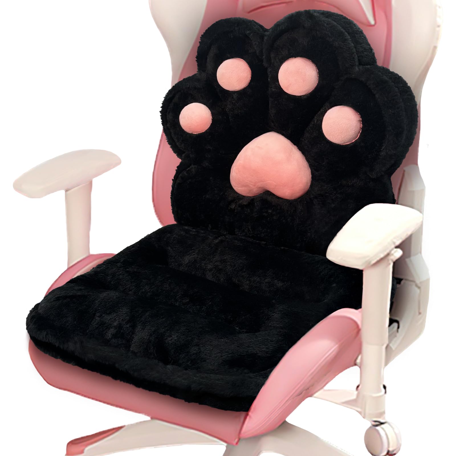 QIUODO L-Shape Cat Paw Cushion, Faux Rabbit Fur Gaming Chair Cushion Soft, Gaming Chair Pillow Kawaii Chair Cushions for Office Desk, Comfy Plush Seat Cushion for Room Decor(Black)