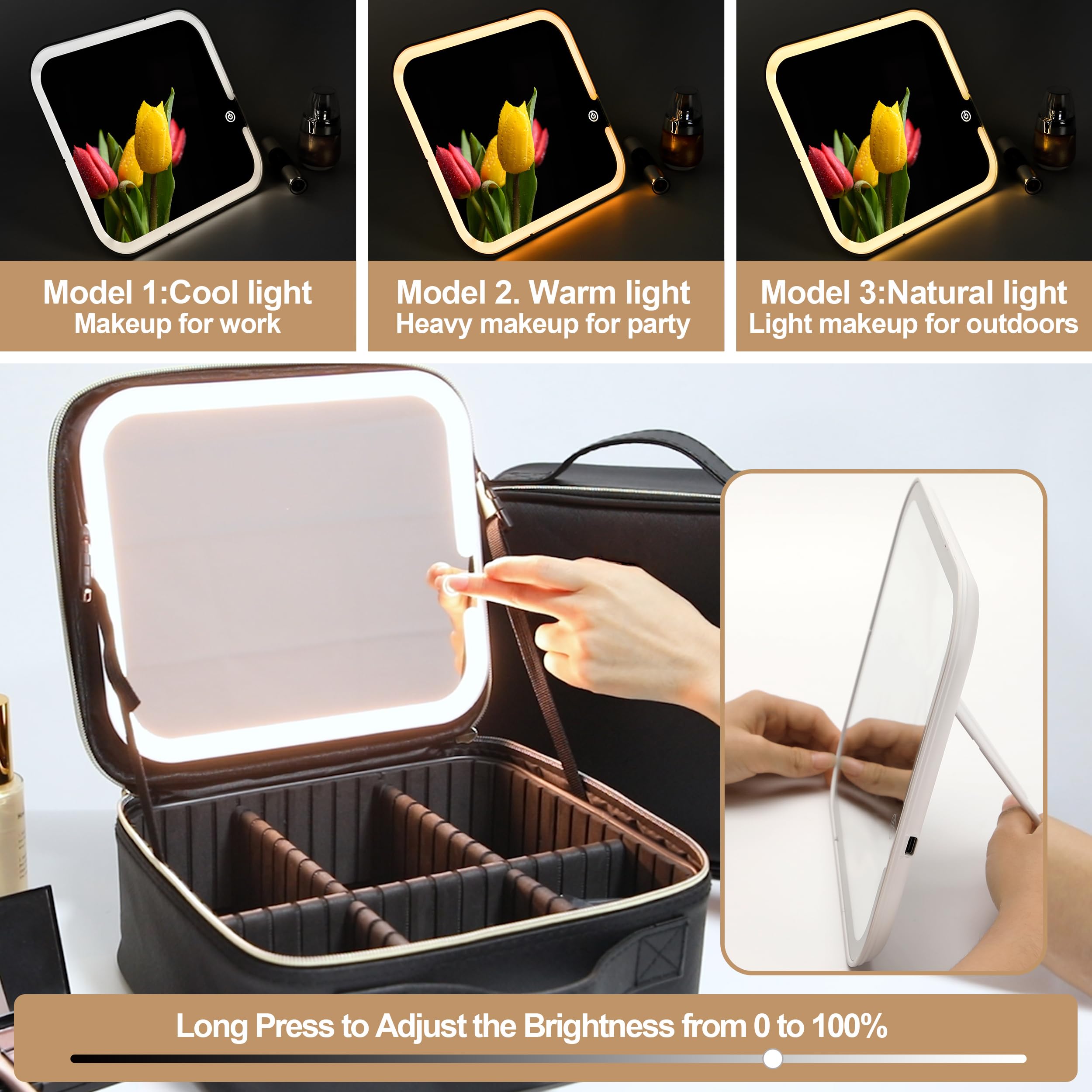 POZILAN Makeup Bag with Light Up Mirror - Make Up Bag with Mirror and Light and Adjustable Dividers, Waterproof Makeup Bag with Lighted Mirror, Portable Makeup Brush Organizer Gift for Women