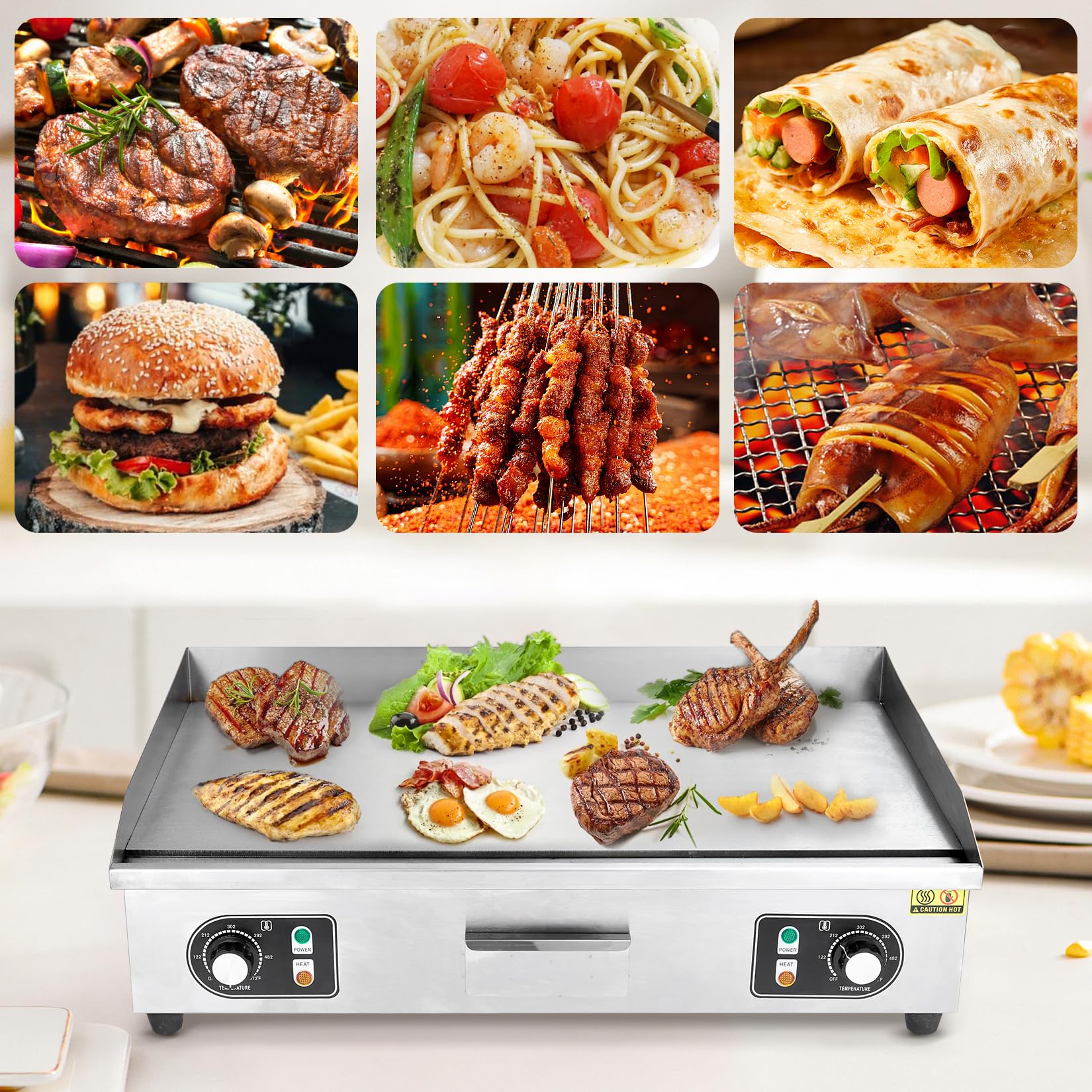 Takywep 30Inch Electric Griddle,Commercial Electric Countertop Grill, Non-Stick Electric Grill Plate (With Plug), Adjustable Temperature Control 122°F-572°F, 1600W/110V