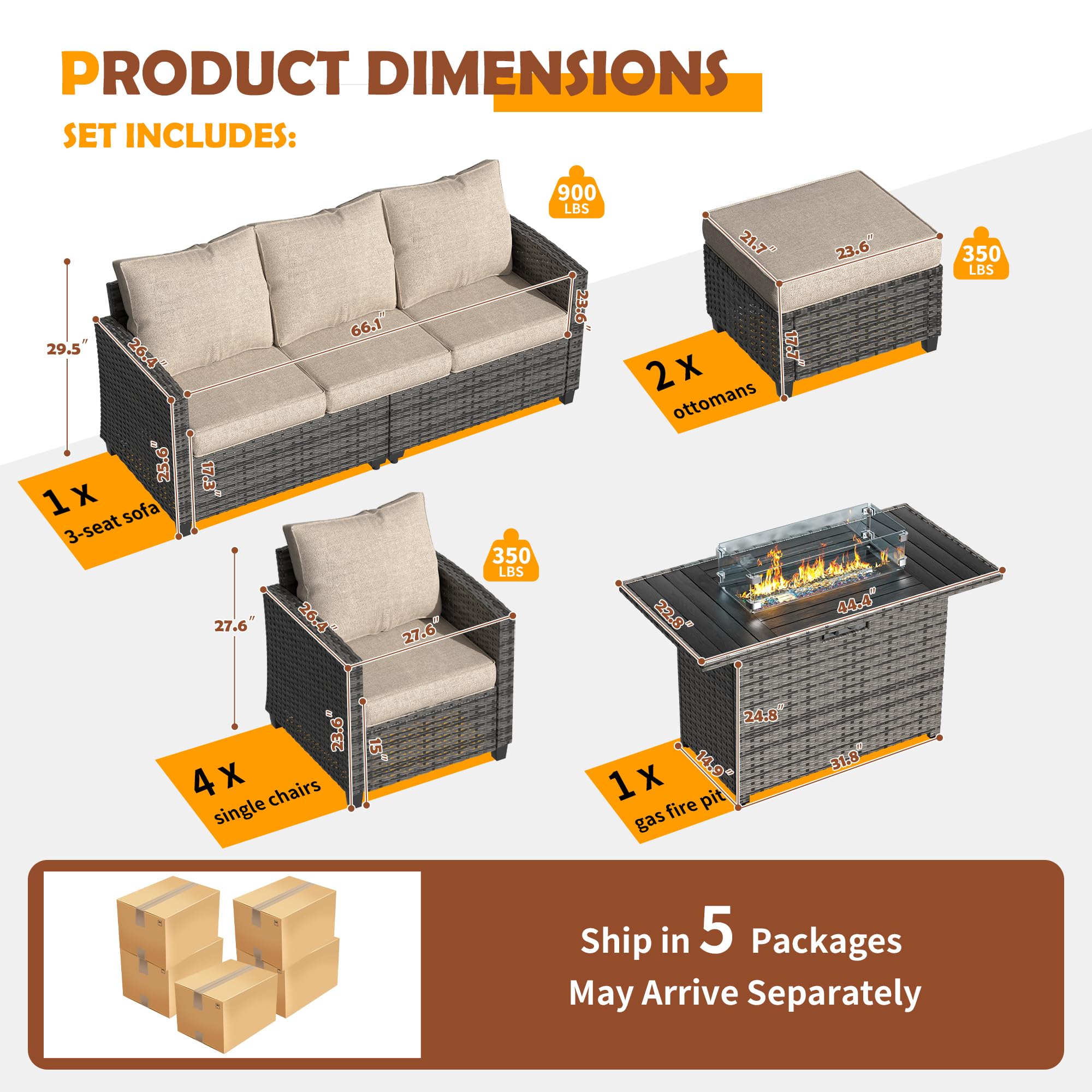 UDPATIO Patio Furniture Set with 44" Fire Pit Table, 8 Pieces Outdoor Sectional Conversation Sets, All-Weather Wicker Rattan Sofa Ottoman with 4" Thick Cushion for Garden Backyard Deck, Light Blue
