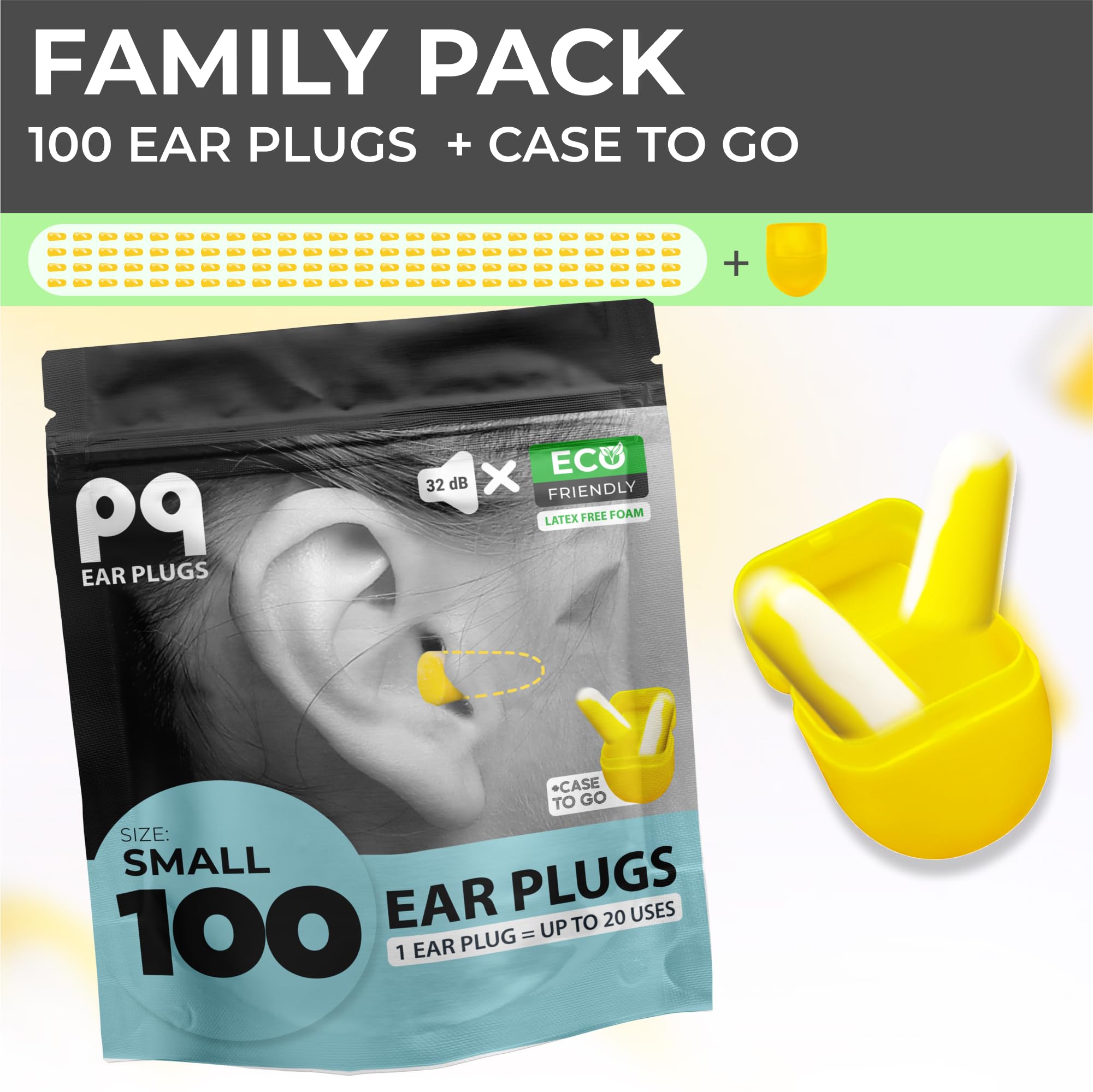 PQ Ear Plugs for Sleep - 100 Small Foam Earplugs for Sleeping for Small Ear Canals, Noise Cancelling 32 dB, Sound Blocking, Premium Soft Earplugs for Women and Men to Block Snoring