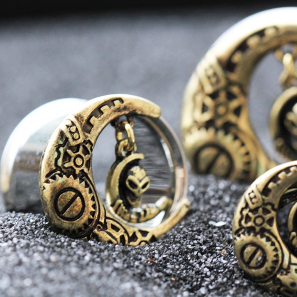 Gold Plated Steam Punk Crescent Moon Tunnel WildKlass Plug with Alien Dangle (00GA)