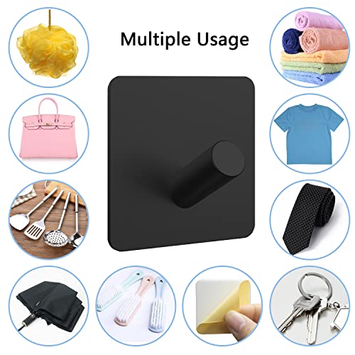 PMMASTO Adhesive Hooks Shower Heavy Duty Waterproof Aluminum Sticky Hooks for Hanging Hat Towel Coat Robe - Bathroom, Bedroom, RV & Kitchen - 6 PC(Black)