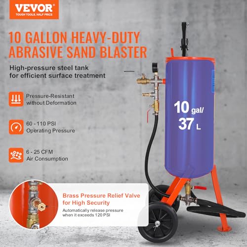 VEVOR 10 Gallon Heavy-Duty Sand Blaster, 60-110 PSI High Pressure Sandblaster, Portable Abrasive Blasting Tank, Air Sand Blasting Kit with 2 Ceramic Nozzles & 7.5ft Hose for Paint, Stain, Rust Removal