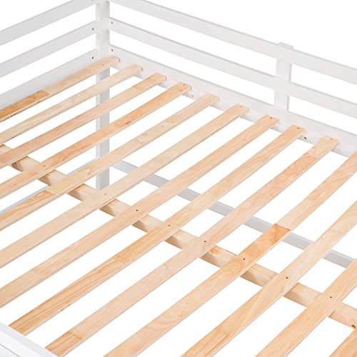 VilroCaz Full Size Low Loft Bed with Rolling Portable Desk and Drawers, Multiple Functions Wood Loft Bed Frame with Storage Shelves for Kids Teens, Sturdy Slats Support (White-Full)