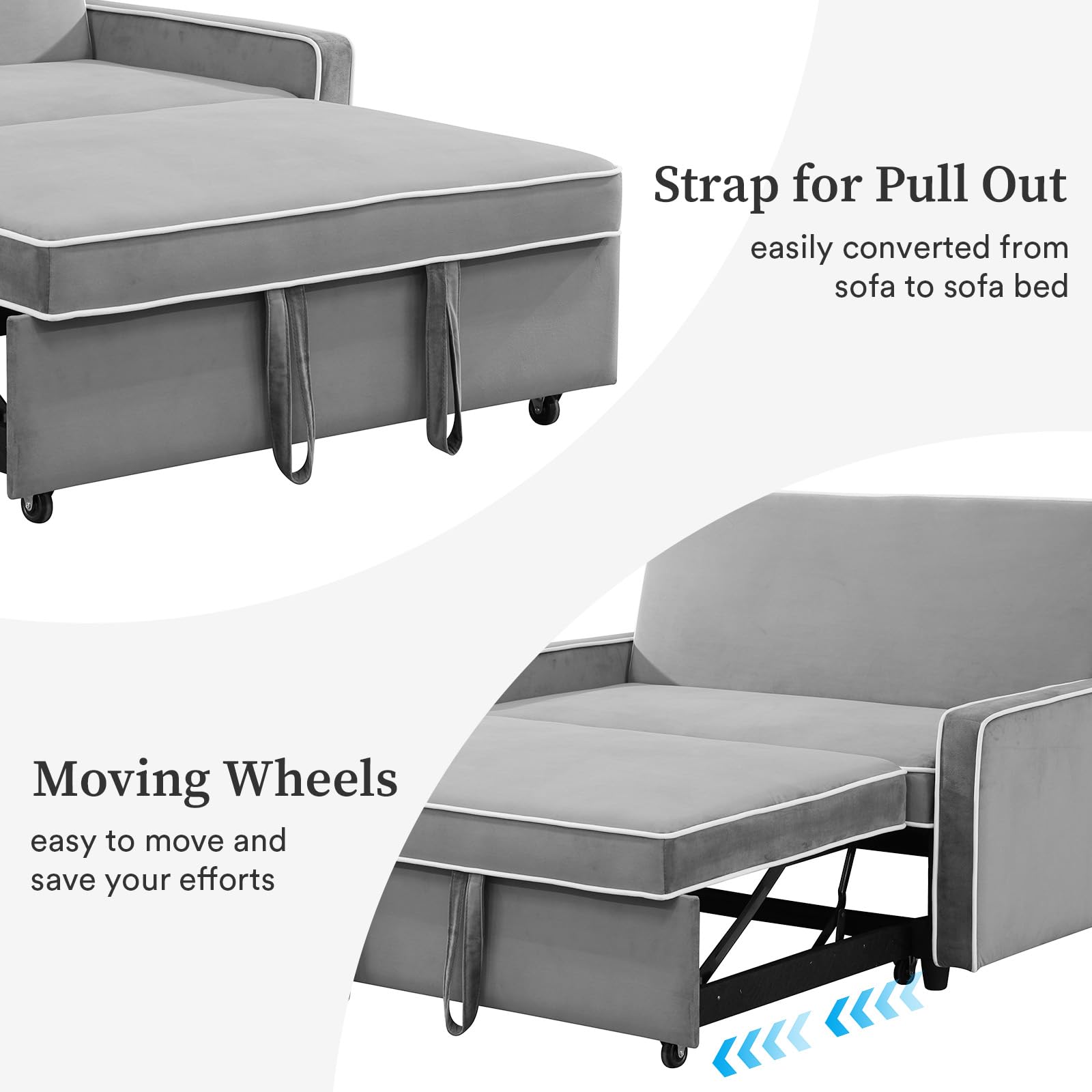 Rovibek 3 in 1 Convertible Sleeper Sofa Bed Pull Out Couch Futon Loveseat Velvet Chaise Lounge with 2 Pockets and 2 Pillows for Living Room, Ash Grey