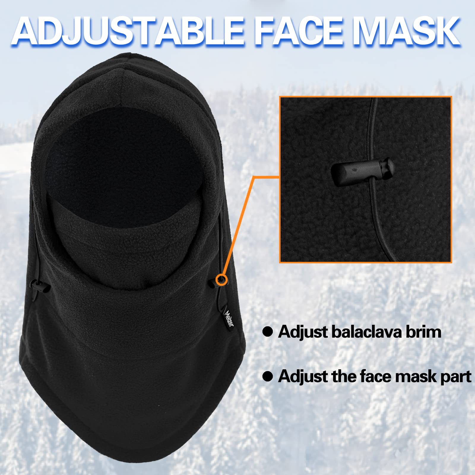 Meilzer Ski Mask for Men/Women Balaclava Face Mask Windproof Hood Adjustable Neck Warmer for Cold Weather Heavyweight (Black)