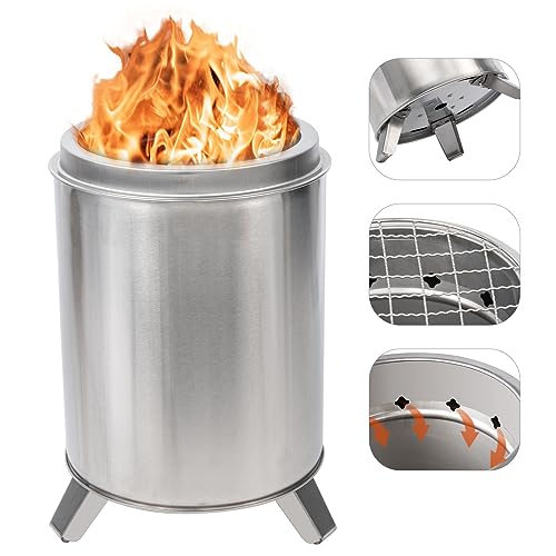 Portable Smokeless Fire Pit with Foldable Legs and Grill, Stainless Steel Outdoor Firepit Wood Burning Bonfire Pit with Carry Bag Safe for Campfire, Cooking, BBQ on Patio Deck Backyard and Beach