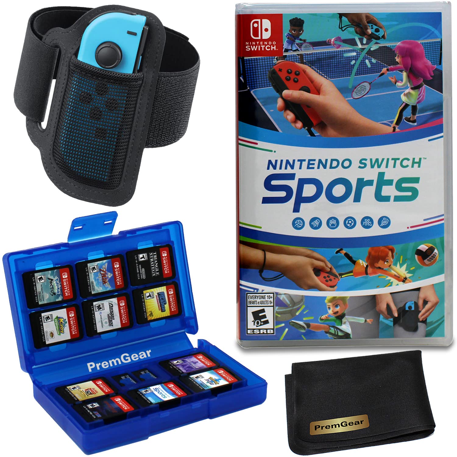 Nintendo Switch Sports Switch with Leg Strap accessory, 24 Slot Game Card Holder & PremGear Cleaning Cloth