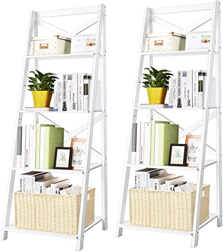 LUARANE Modern 4-Tier Ladder Shelf, Wooden Bookshelf with X-Shaped Frame, Free Standing Bookcase with 4 Open Storage Shelves, Organizer Shelf for Living Room Kitchen Office (2, White)