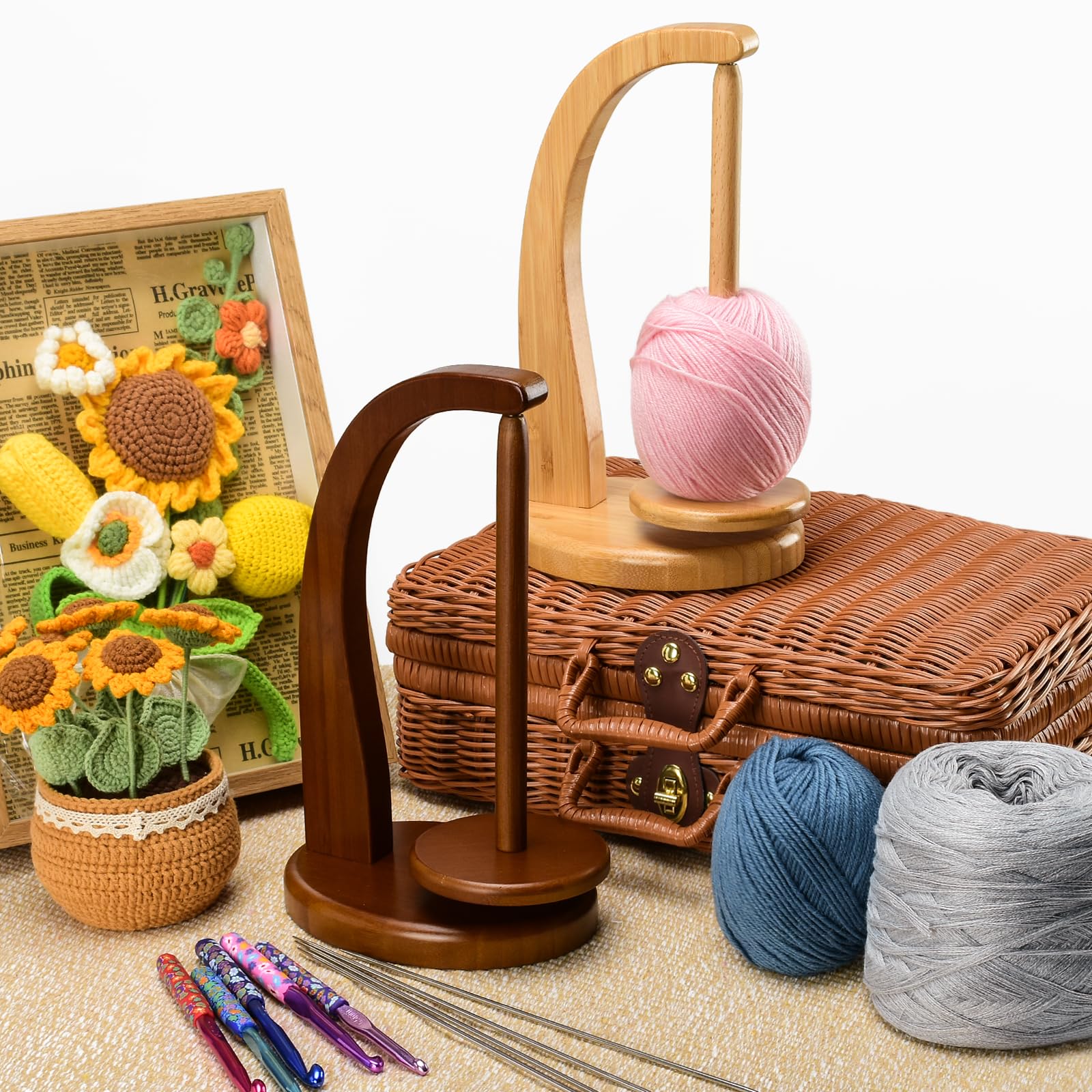 Yarn Holder with 2 Pcs Spindles for Knitting and Crocheting,Crochet Gift for Knitting Lovers,Wooden Yarn Spinner for Crochet by Artowell (Walnut Color)
