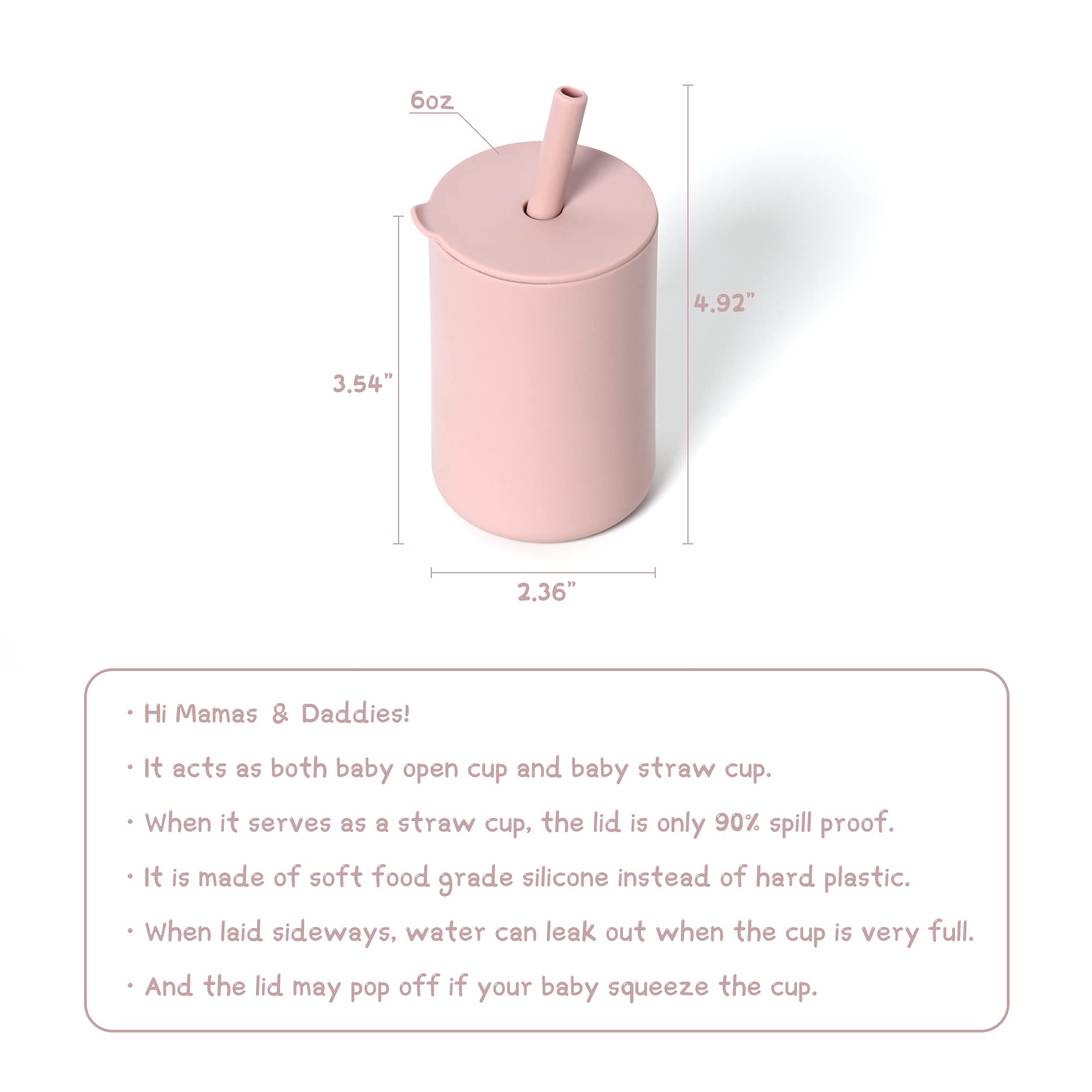 JOYIT Silicone Open Straw Cups for Toddlers | Open Cup for Baby 6 oz | Baby Training Cup (Princess-Pale Mauve)