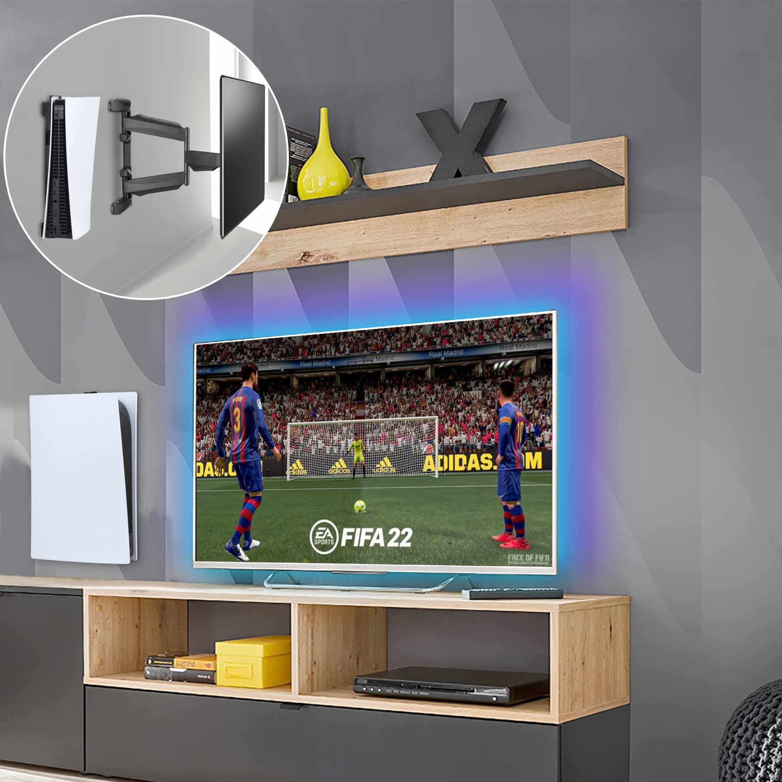 Megarte Wall Mount for PS5 - Mount on Wall Behind TV, Controller Holder Wall Stand Shelf for ps5 Disc Edition and Digital Edition, Including 2 Accessory Holders for Controller & Headset