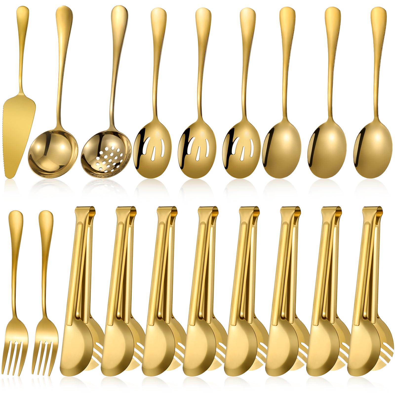 Tanlade 19 Pcs Stainless Steel Serving Utensils Set Flatware Include Spoons Forks Slotted Spoons Soup Ladle Skimmers Pie Server Serving Tongs for Home Buffet Party Breakfast Dinner(Gold)