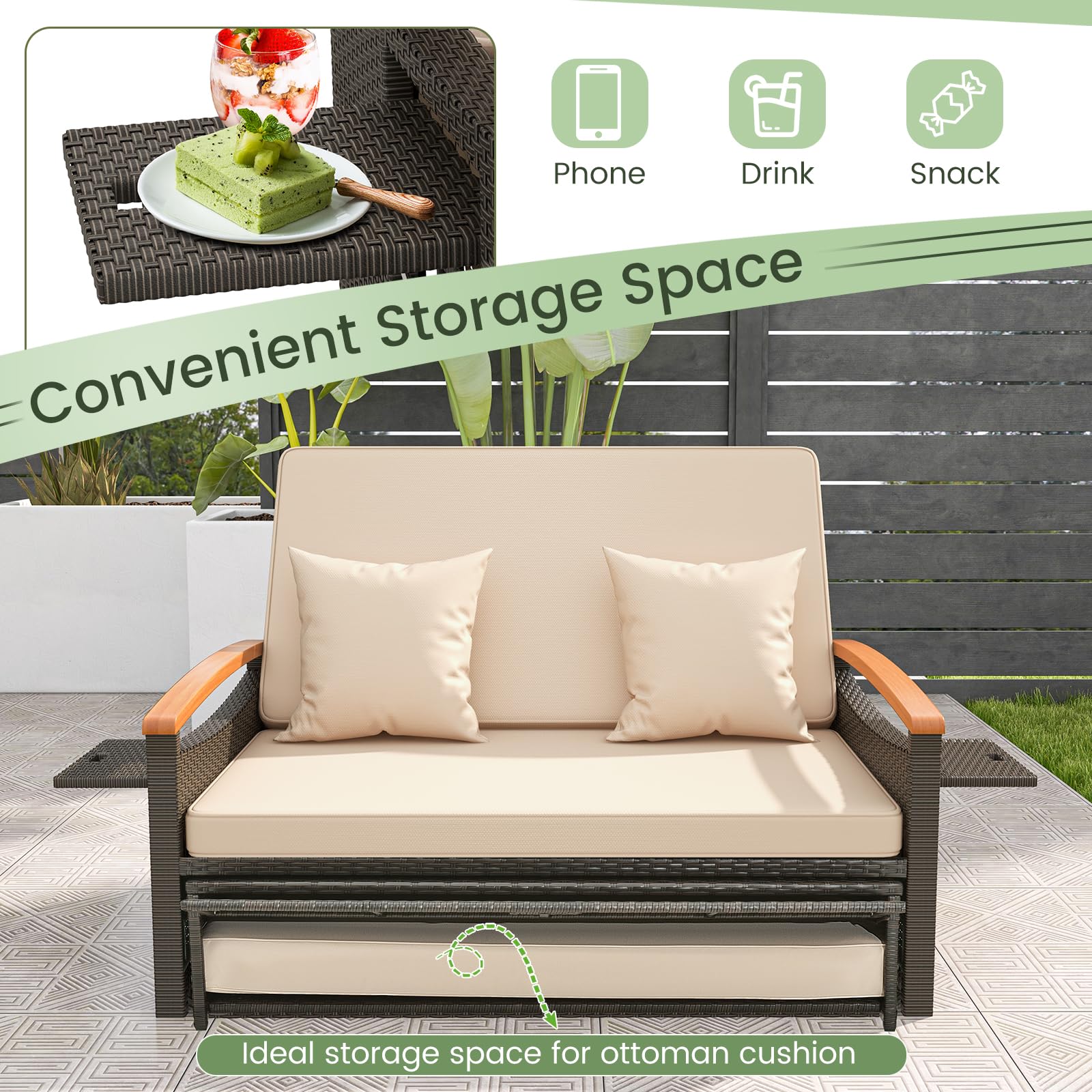 Tangkula Patio Rattan Daybed Set with Cushioned Loveseat and Storage Ottoman, Outdoor Double Chaise Lounger with 4-Level Adjustable Backrest and Retractable Side Trays for Backyard (Beige)