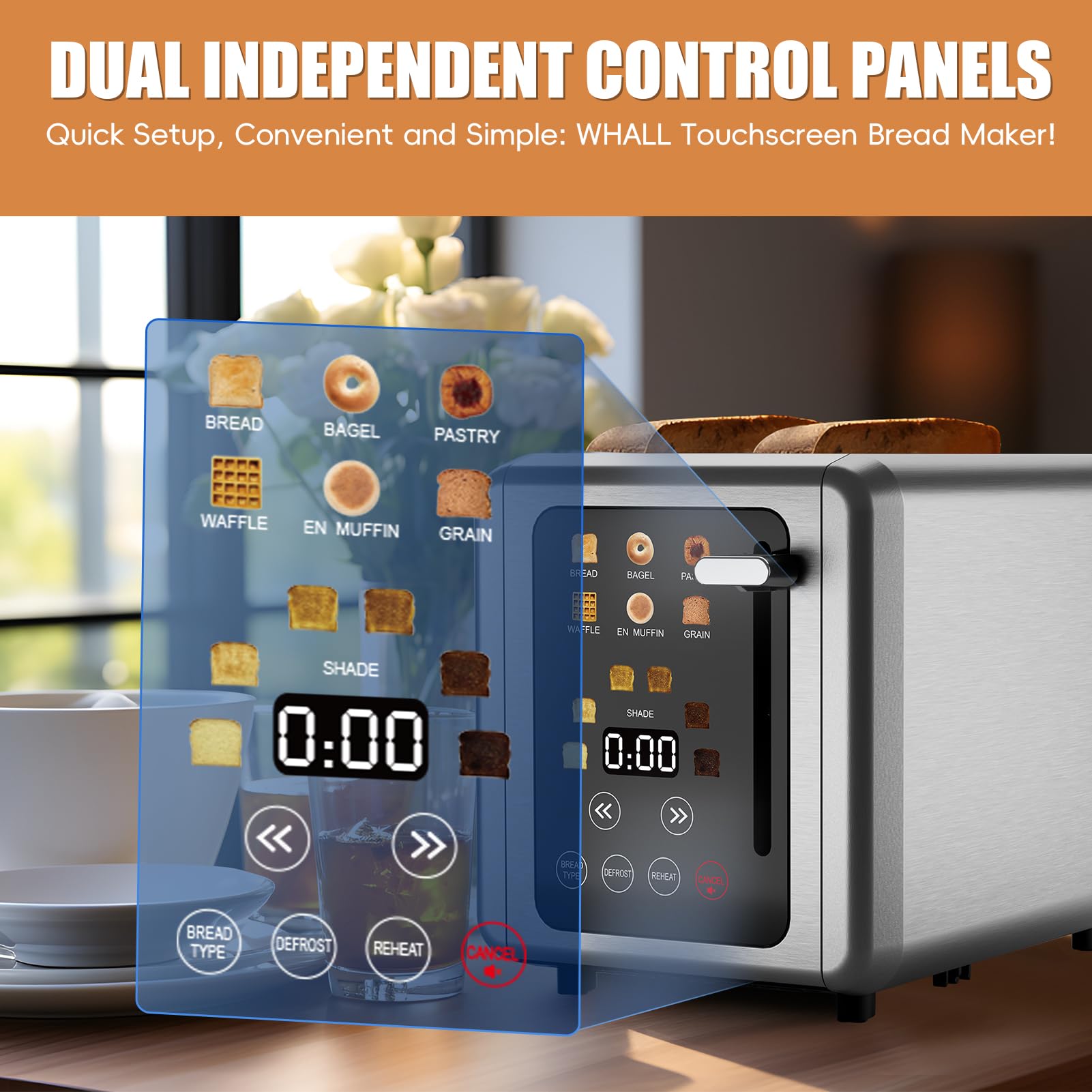 WUNLY Touch screen Toaster slice, Stainless Steel Digital Timer Toaster with Sound Function, 6 Bread Types & 6 Shade Settings, Smart Extra Wide Slots Toaster with Bagel, Defrost Functions