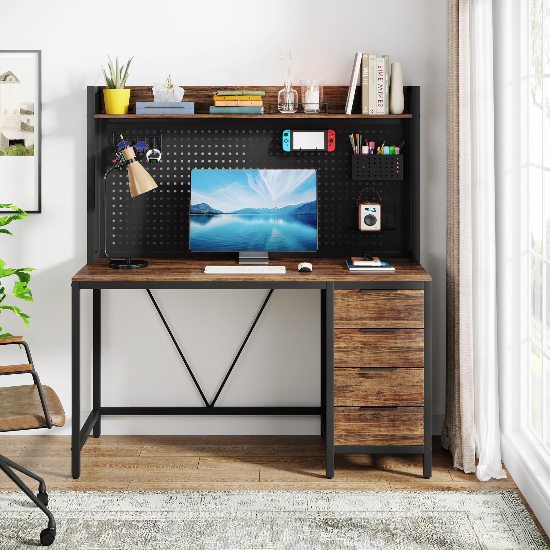 Tribesigns Computer Desk with 4 Drawers, 47 Inches Home Office Desk with Hutch and Storage, Industrial Gaming Desk PC Desk with Pegboard Study Writing Table Workstation for Home Office, Brown & Black