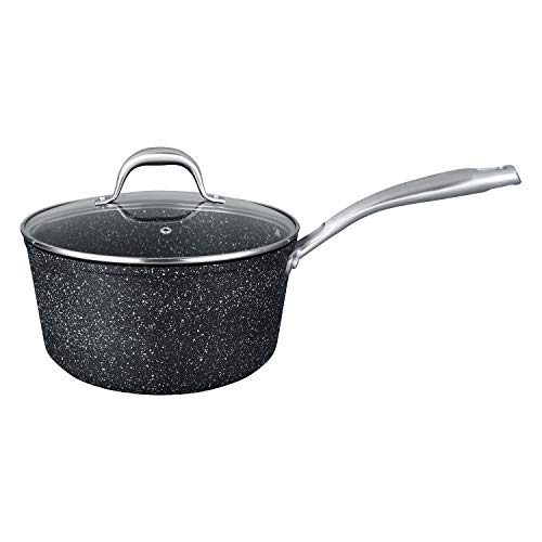 MasterPan Granite Ultra Non-Stick Cast Aluminum Sauce Pan with Glass Lid, 7", Black