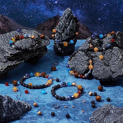 SUNNYCLUE 1 Box 300+Pcs DIY 10 Sets Solar System Bracelets Kit Universe Galaxy The Nine Guardian Planets Beading Bracelet Necklace Tiger Eye Bead Natural Gemstone Beads for Jewelry Making Kits Craft