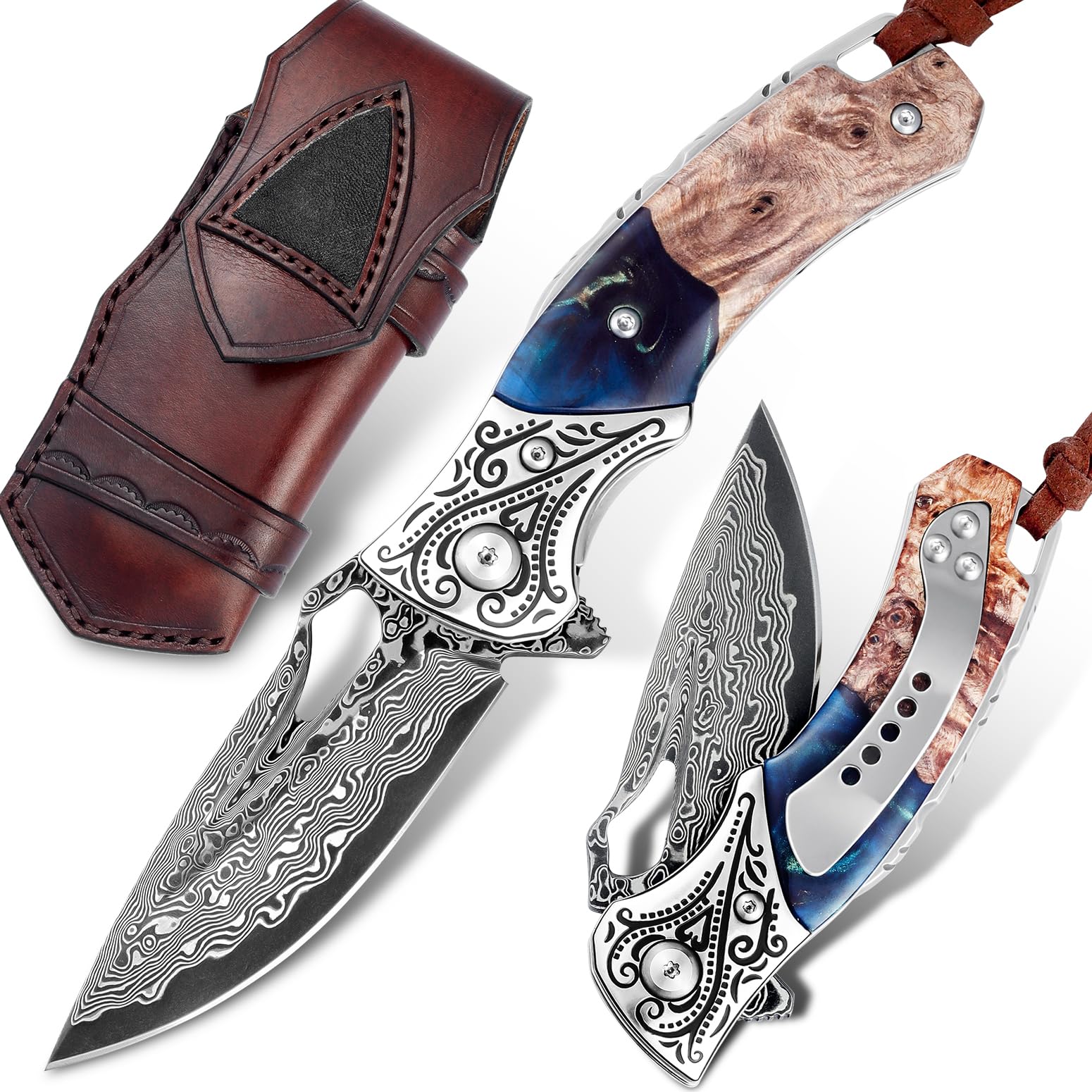VNLA Damascus Folding Pocket Knife,Forged Damascus Steel Blade,New material handle made of resin and maple leaf.with leather case,Pocket Clip,Suitable for Hiking carry EDC