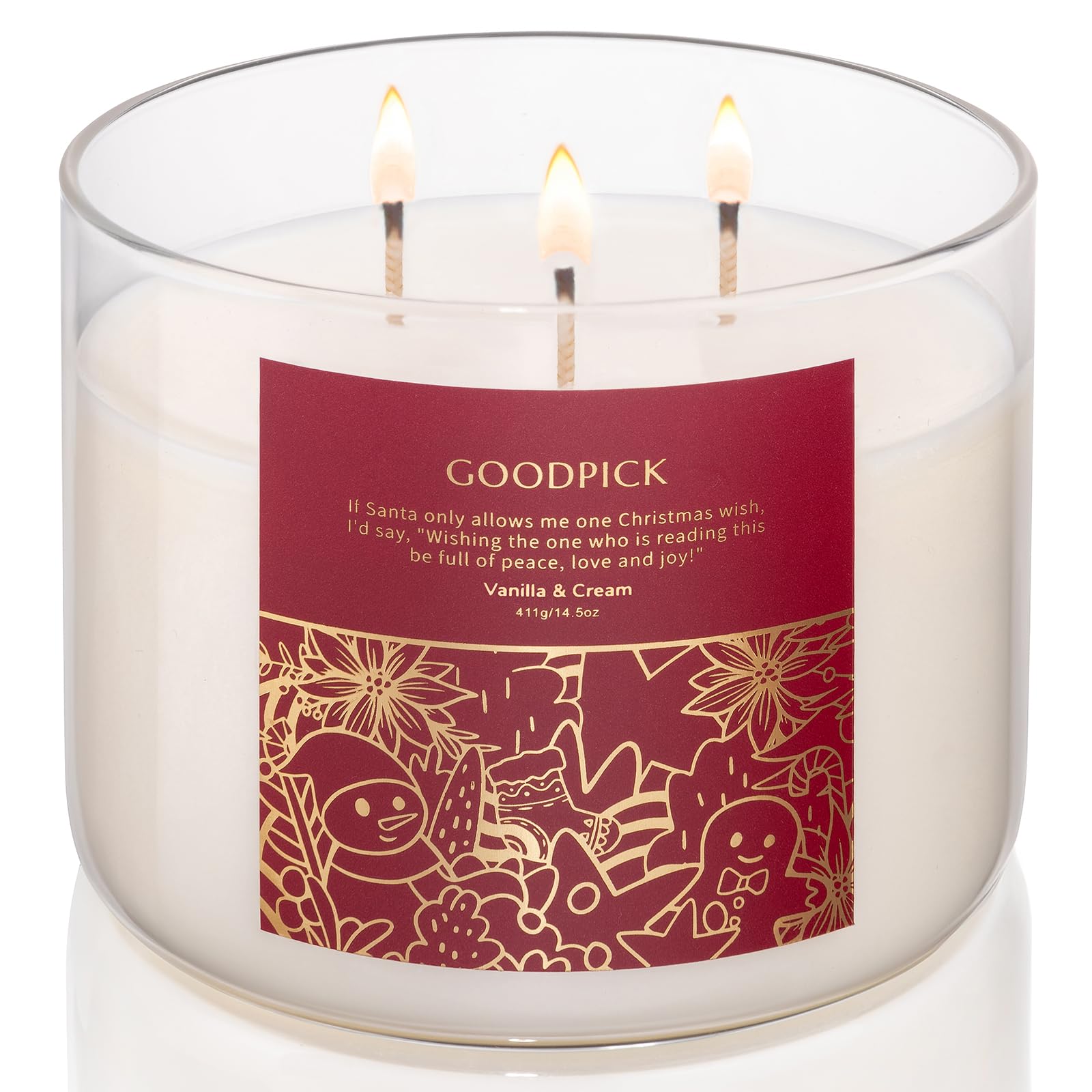 Goodpick Vanilla Scented Candles, Strong Scented Soy Candles Gifts for Women, Large Scentsational Candles, 3 Wick Candles, 14.5 Oz, Includes Lid