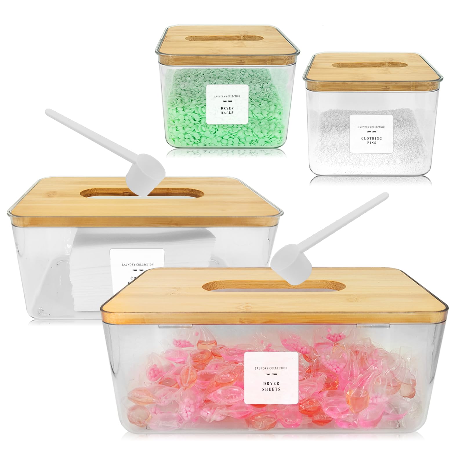 QPPKII 4 Pack Laundry Powder Container with Lid and Scoop, Plastics Clear Dryer Sheet Detergent Containers, Detergent and Laundry Pods Container Organization and Storage