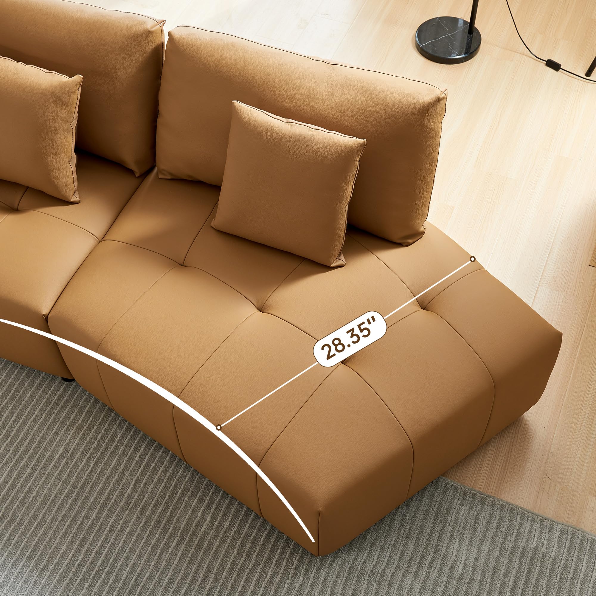 VnndeNest 120'' Sectional Sofa Couch, Genuine Leather Modular Sofa with Pillows, Ergonomic Modern Curved Couch, L-Shaped Couch with Chaise Lounge, 4-Seater Sofa Couch for Living Room, Apartment, Brown
