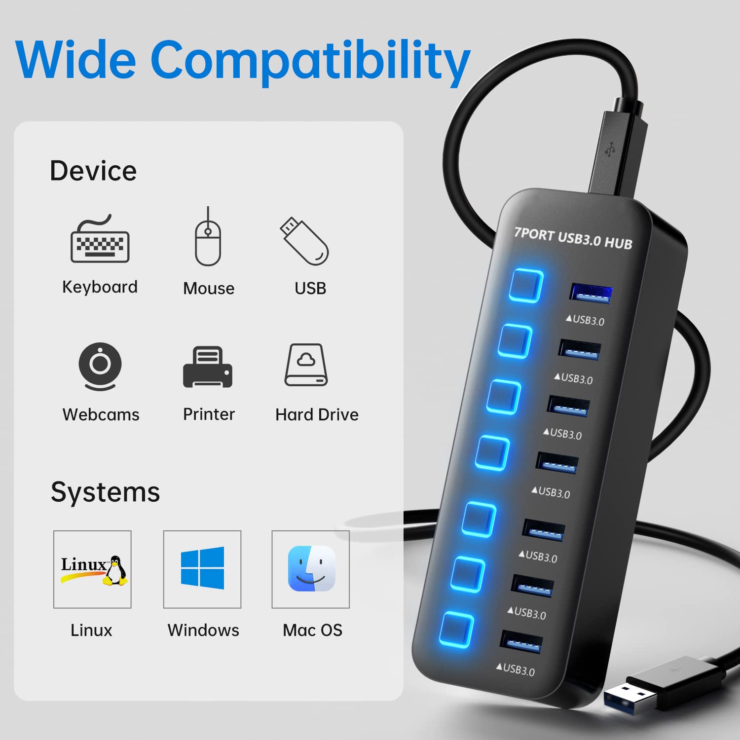 ONFINIO USB Hub 3.0 7 Port, USB Data Hub Splitter with LED Individual On/Off Switches and Lights, 5Gbps High Speed USB Port Expander for MacBook, Mac Pro, Mac Mini, iMac, Surface Pro, XPS, PC