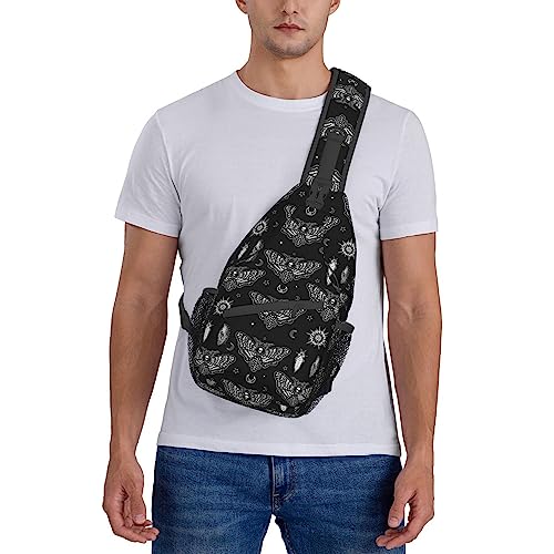 RIMENCH gothic moth skull sun moon black and white Crossbody Sling Backpack Sling Bag Travel Hiking Chest Bag Daypack