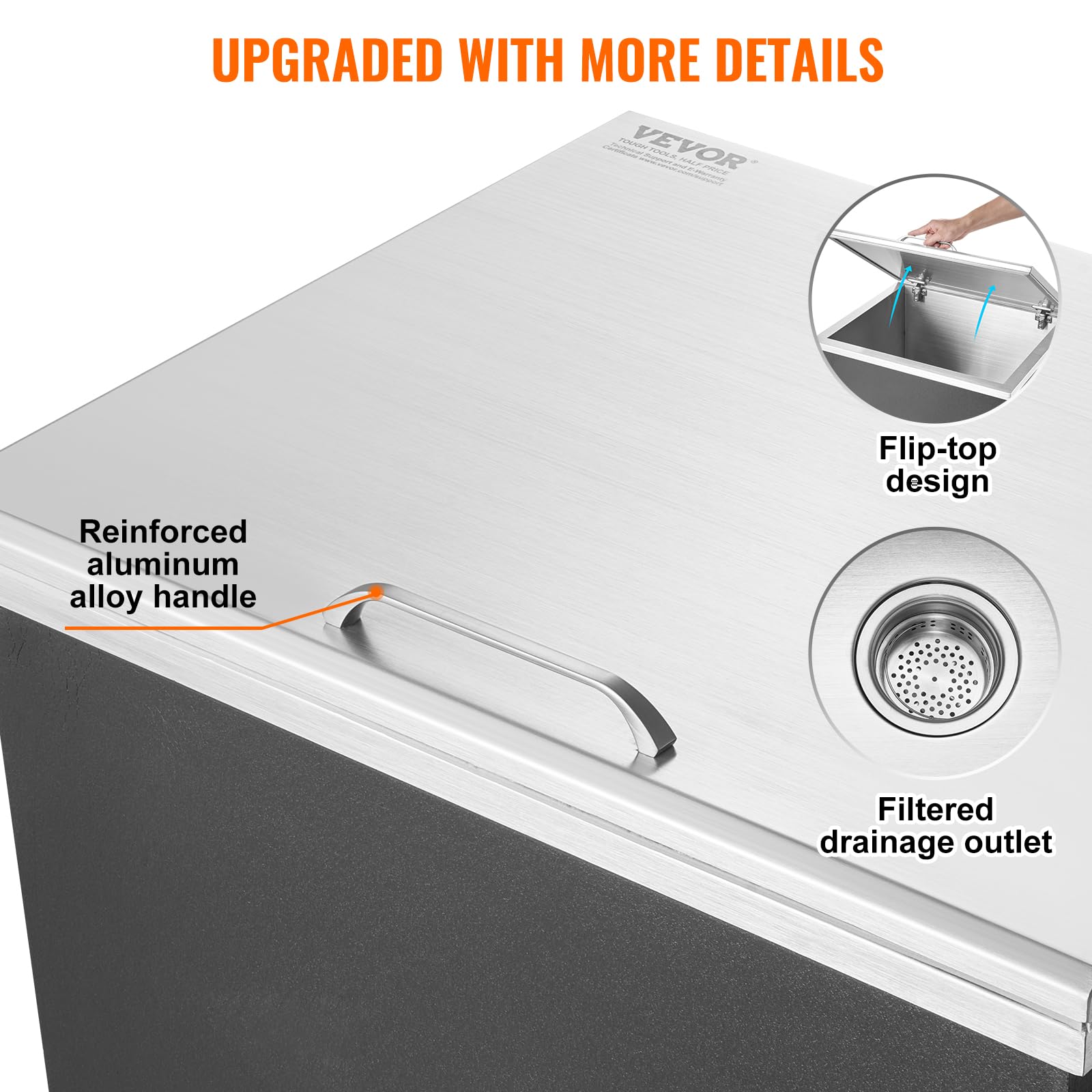 VEVOR Drop in Ice Chest, 28" L x 16" W x 17" H Stainless Steel Ice Cooler, Commercial Ice Bin with Hinged Cover, 40 qt Outdoor Kitchen Ice Bar, Drain-Pipe and Drain Plug Included, for Cold Wine Beer