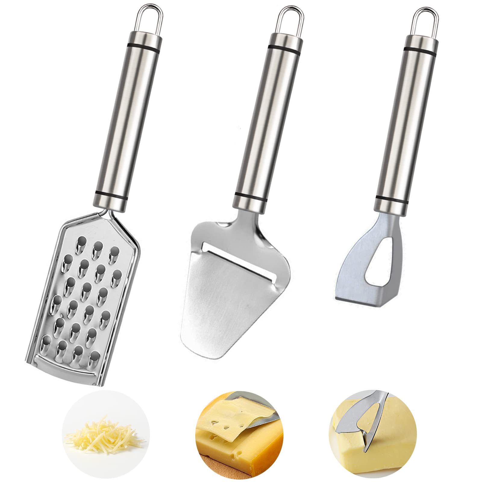 SanKitc 3 Pcs Cheese Slicer Tools Stainless Steel Kitchen Gadgets Including Cheese Slicing Knife, Cheese Cubing Knife and Cheese Grater