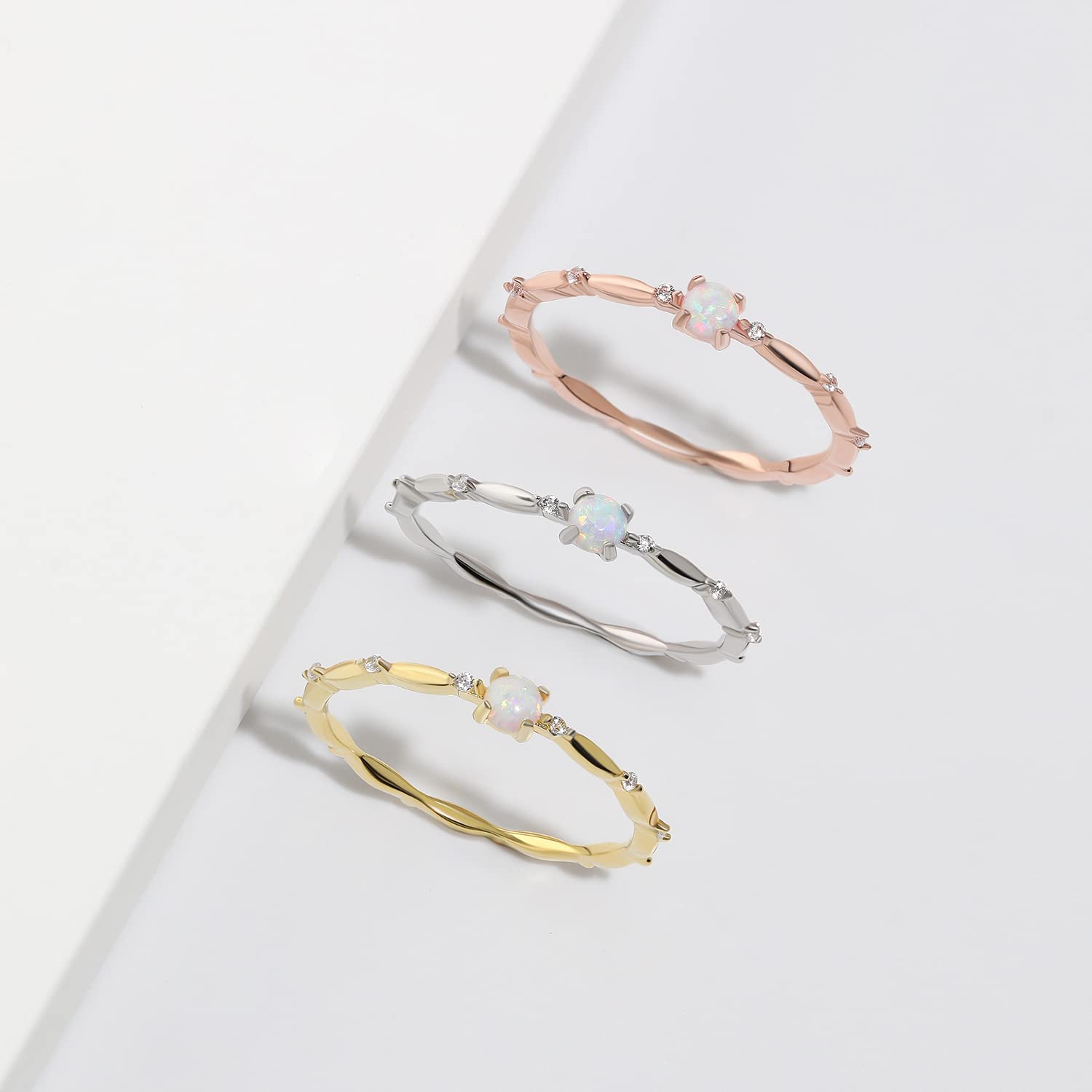 Meissa Sterling Silver Opal Ring for Women White Fire Opal October Birthstone Dainty Minimalist Stackable Ring Gold Promise Ring Size 5-8 (Silver, 7)