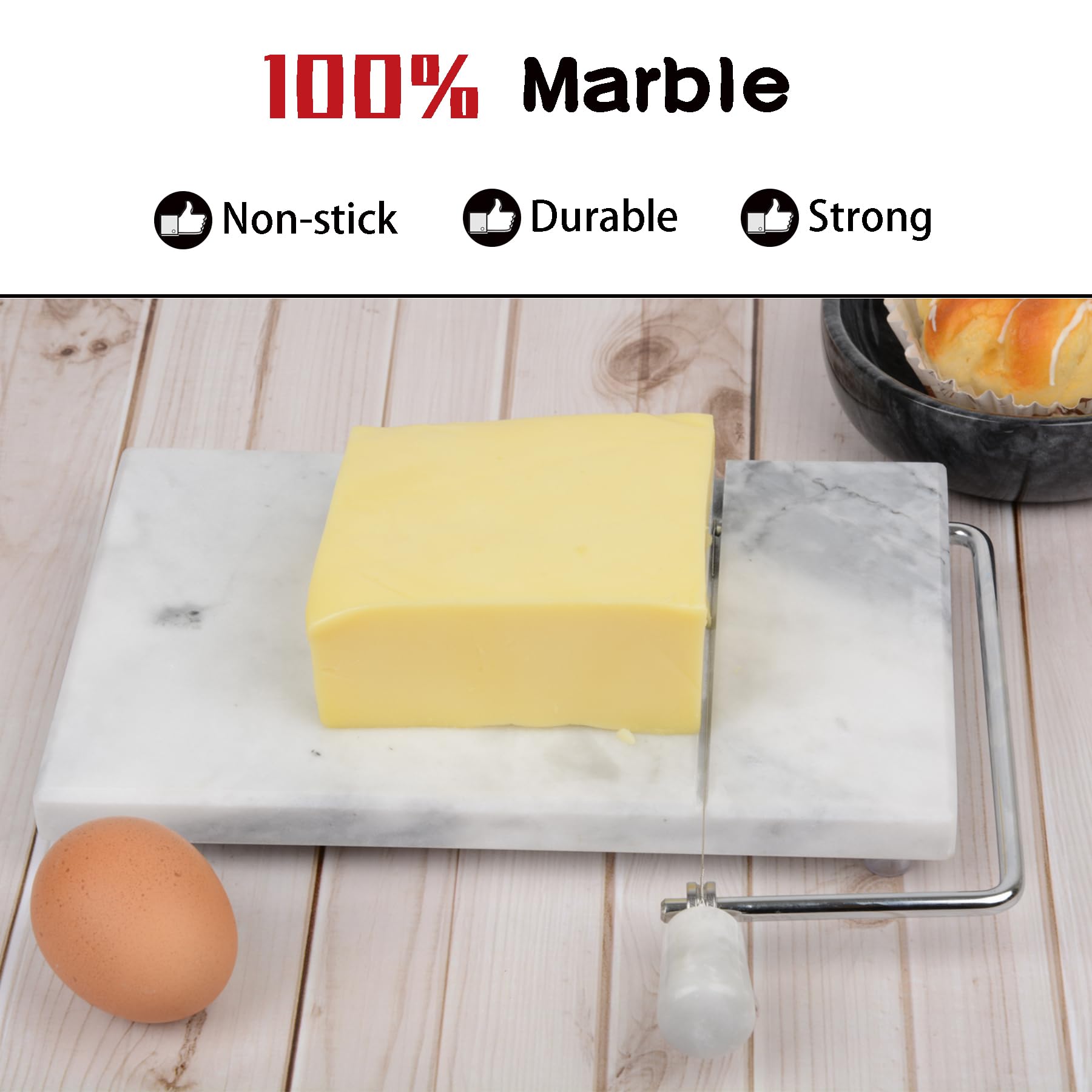 SIPARUI Cheese Slicer, Cheese Cutter Heavy Duty 6" x 9", Polished Marble Cheese Slicer Board for Cut Block Cheeses, Butter, Meats, Other Appetizers (White Grey)