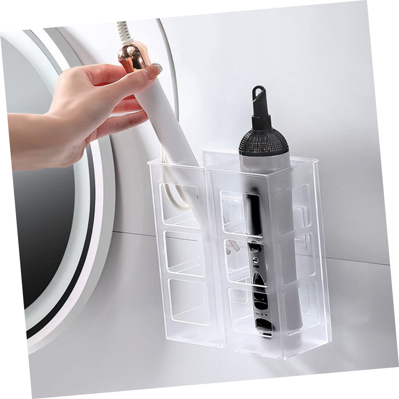 PRETYZOOM 2pcs Curling Iron Storage Box Hair Dryer Holder Wall Mounted Hairdryer Holder for Bathroom Locker Organizer Shelf Curling Steamer Brush Holder No Punching Plastic White