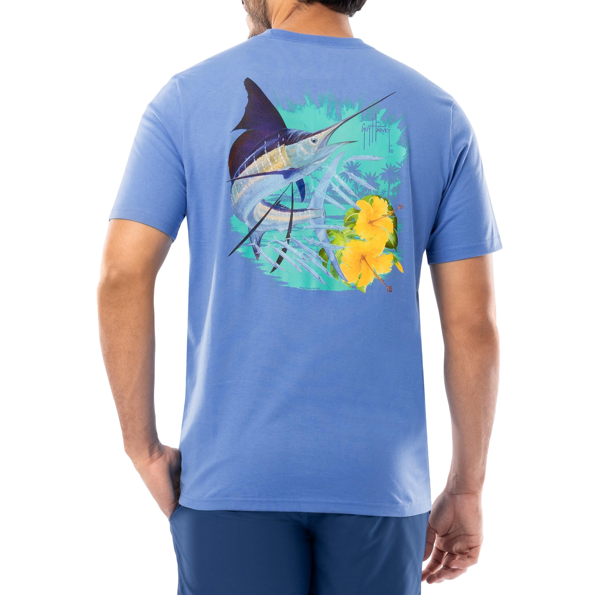 Guy Harvey Men's Proudly Southern Short Sleeve Pocket T-Shirt, Heather Royal/Proudly Southern, Large