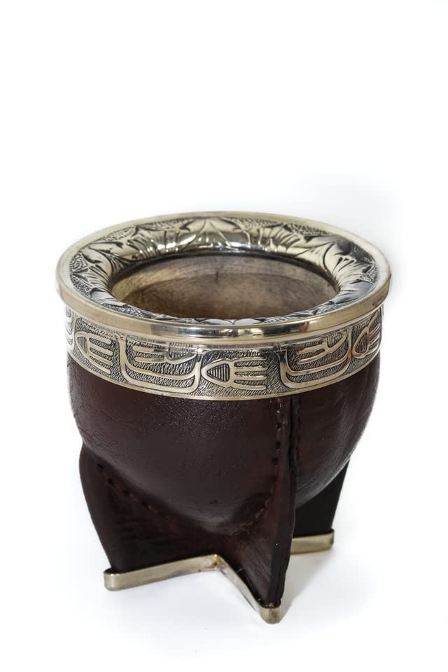 Mate Argentino Imperial Premium Leather Wrapped Handmade Engraving With Alpaca Yerba Mate Gourd (Mate cup) with Bombilla de Alpaca (Alpaca Yerba Mate straw) (Black)