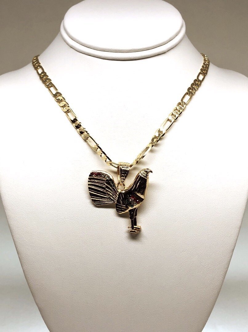 Gold Plated Chicken Rooster Pendant Necklace Figaro 26" 5mm Gallo Medalla Oro Laminado